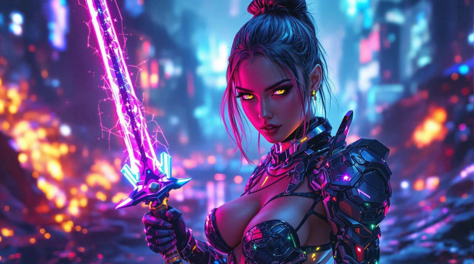 Hyperrealistic Cyberpunk Goddess Wields Glowing Sw... - AI Art