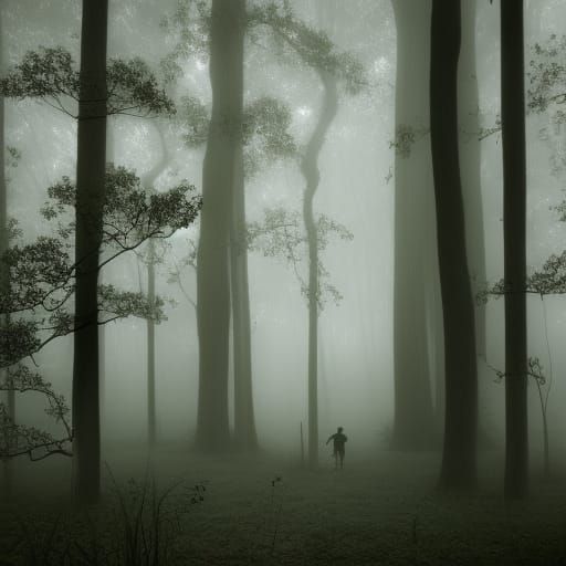 A dark human shadow in cypress swamp with early morning fog and a dear ...