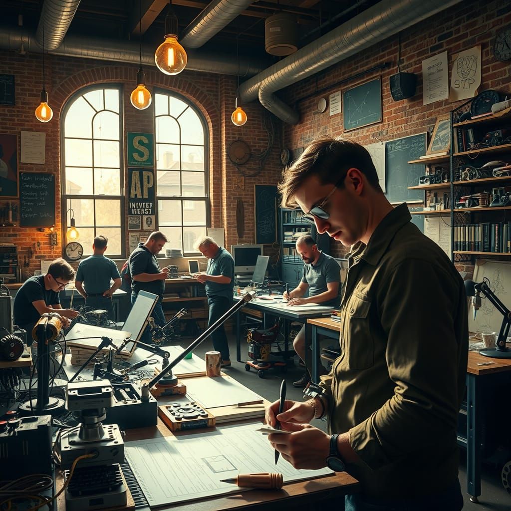 Inventors at Work - Inventors in a Bustling Workshop of Wond...