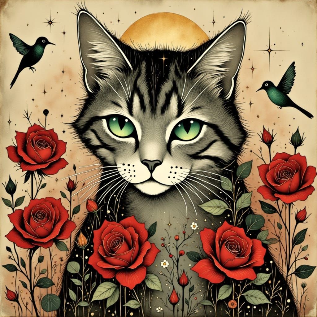 Tabby Cat in Roses with Hummingbird - AI Art