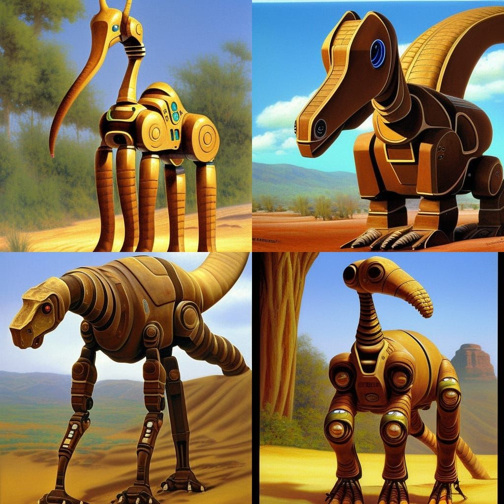 painting of a hadrosaur robot by james gurney, from dinotopia - AI ...