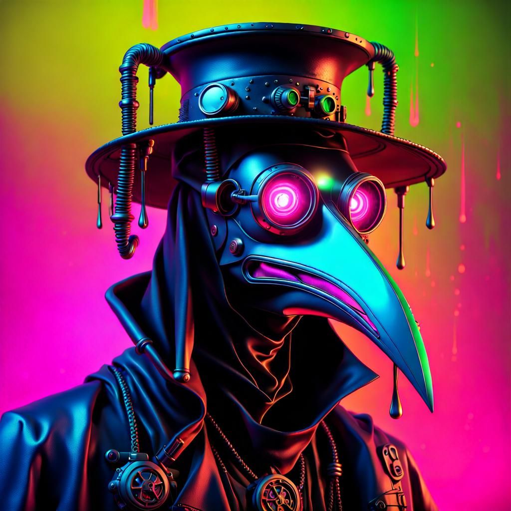 A medieval Plague Doctor in Cyberpunk style. Steampunk with Vivid Neon ...