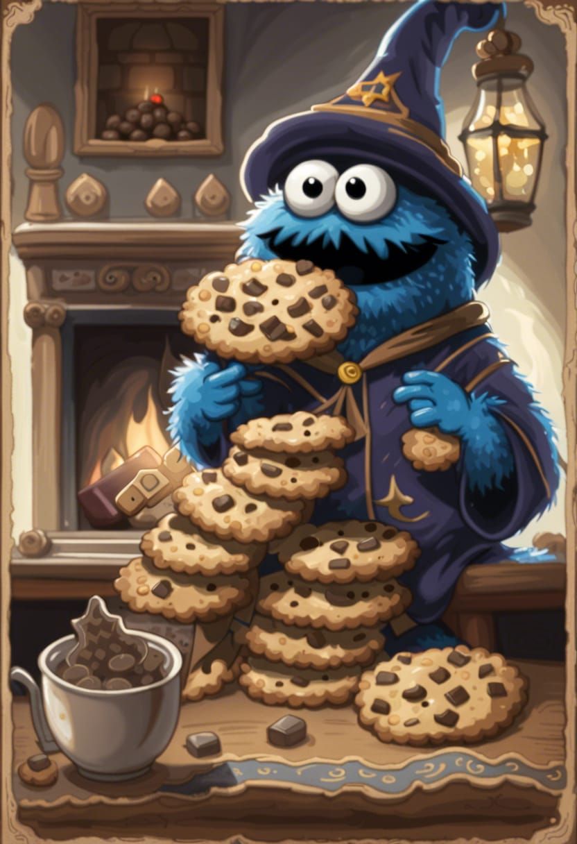cartoon fluffy cookie monster wearing a wizard hat and wizard robes ...