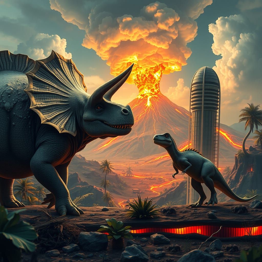 A triceratops and a velociraptor, in a Jurassic forest at the bottom of ...