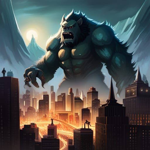 armored ape kaiju, yeti monster, colossal monster, huge claws, roaring ...