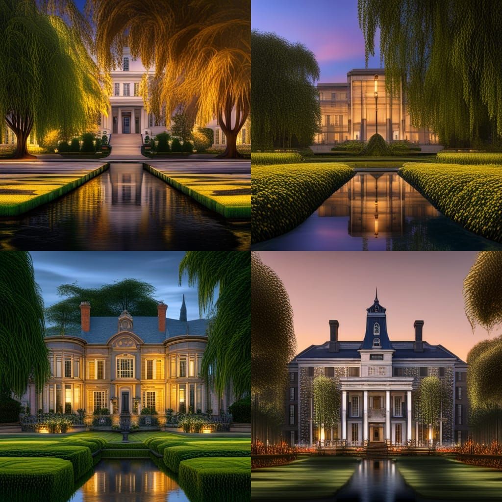 large mansion, elegant architecture, luxurious grounds with weeping ...