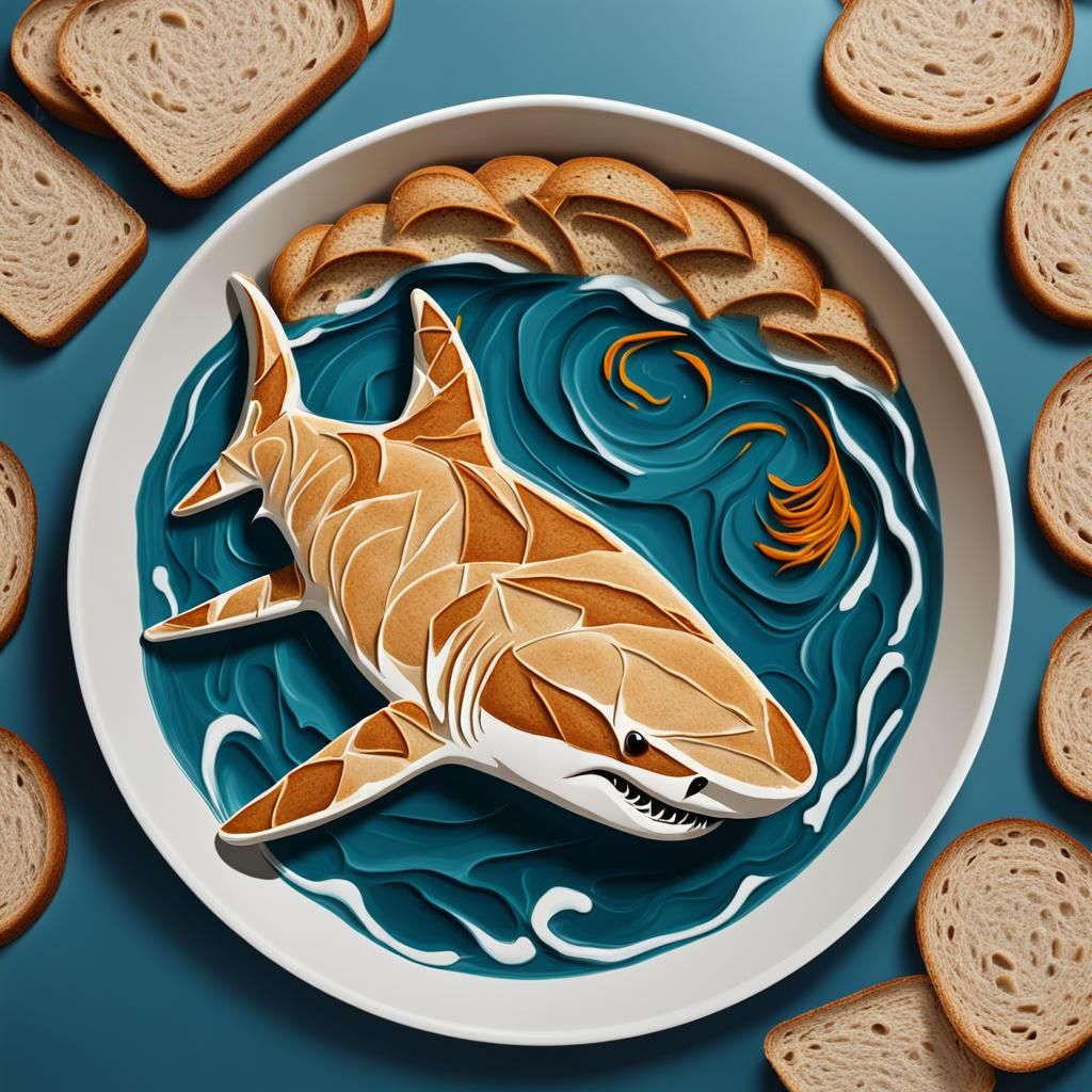 Shark made of bread, swimming in a soup bowl - AI Generated Artwork ...