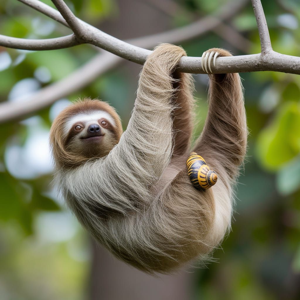 lazy sloth hanging racing snail - Sloth in Mid-Race: A Humor...