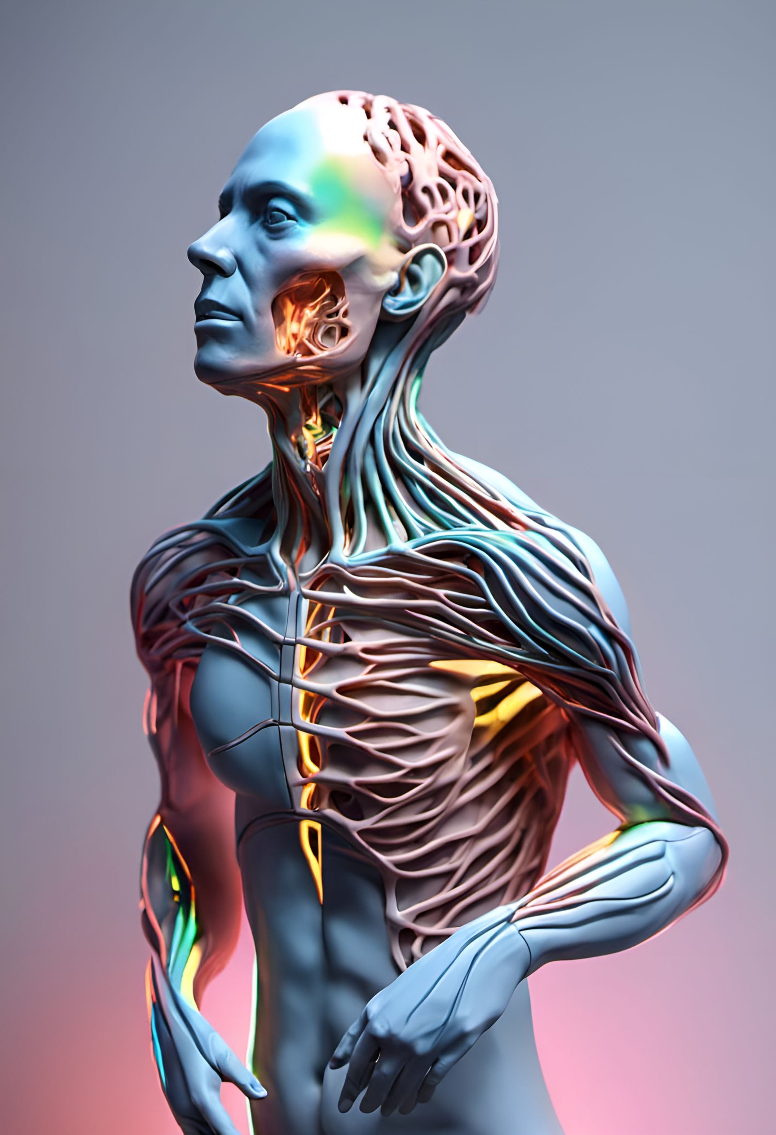2D anatomical sculpture with the nerves & bones & skin slightly visible ...