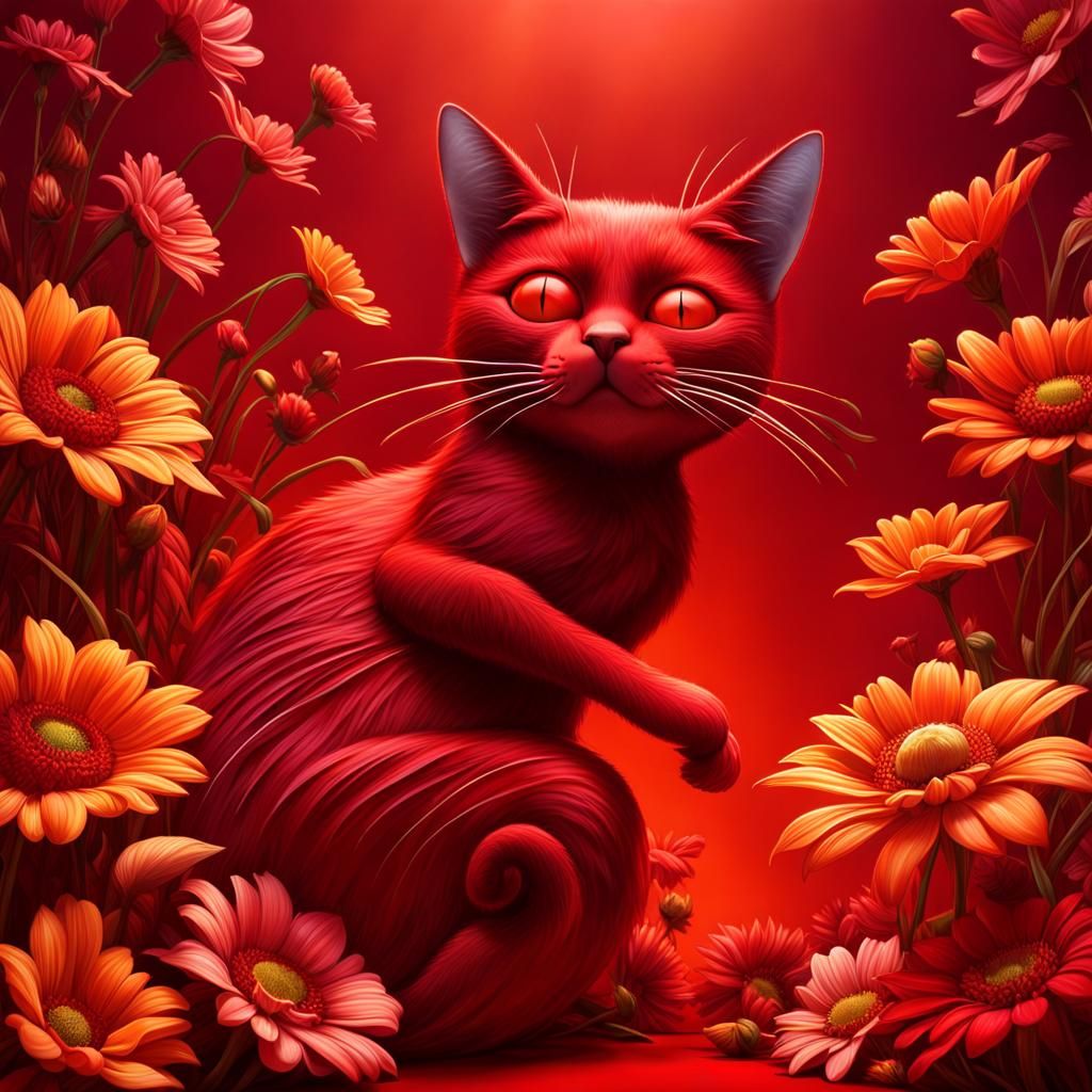 Red cat dancing on a red magic flower, - AI Generated Artwork ...