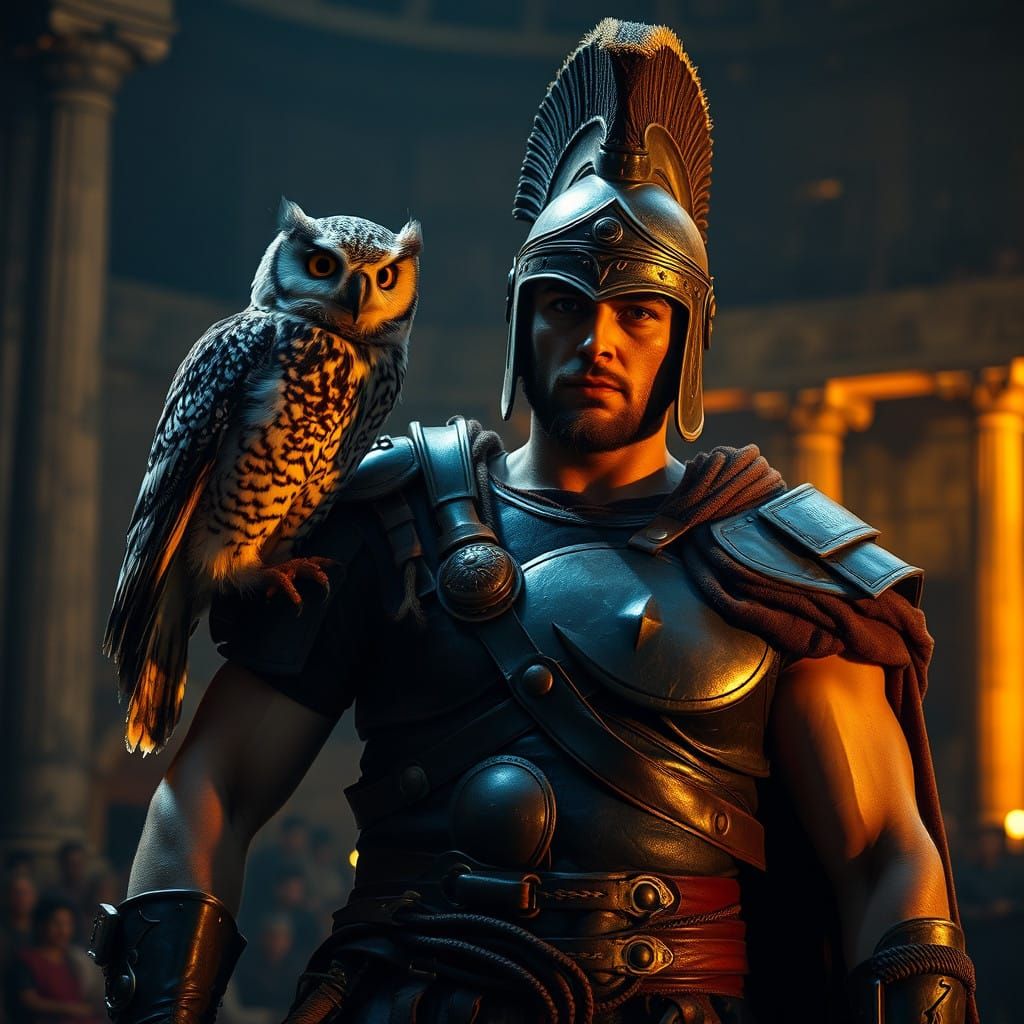 Gladiator with Owl Companion in Ancient Roman Aren... - AI Art