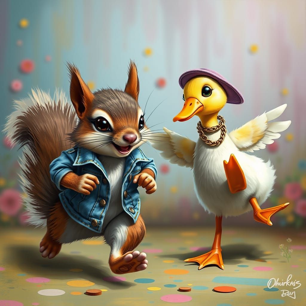 Mischievous Squirrel running away from a dancing duckling
