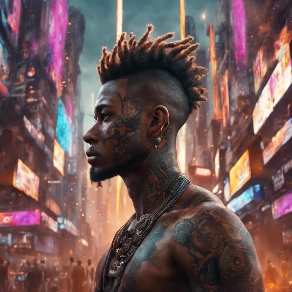 Afrocentric, cyberpunk, laser eye, Mohawk, hyperdetailed, 8k, depth of ...