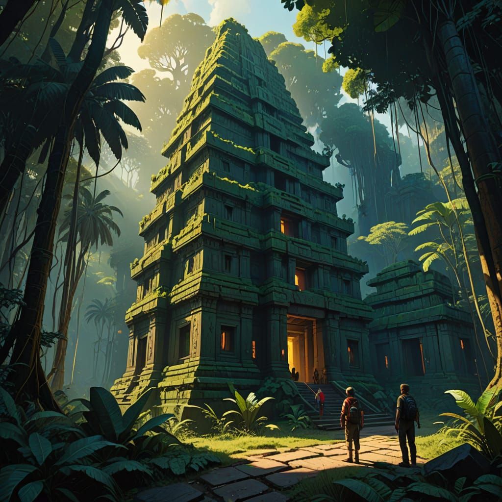 Cinematic Temple in the Jungle: Tourists in Awe - AI Art