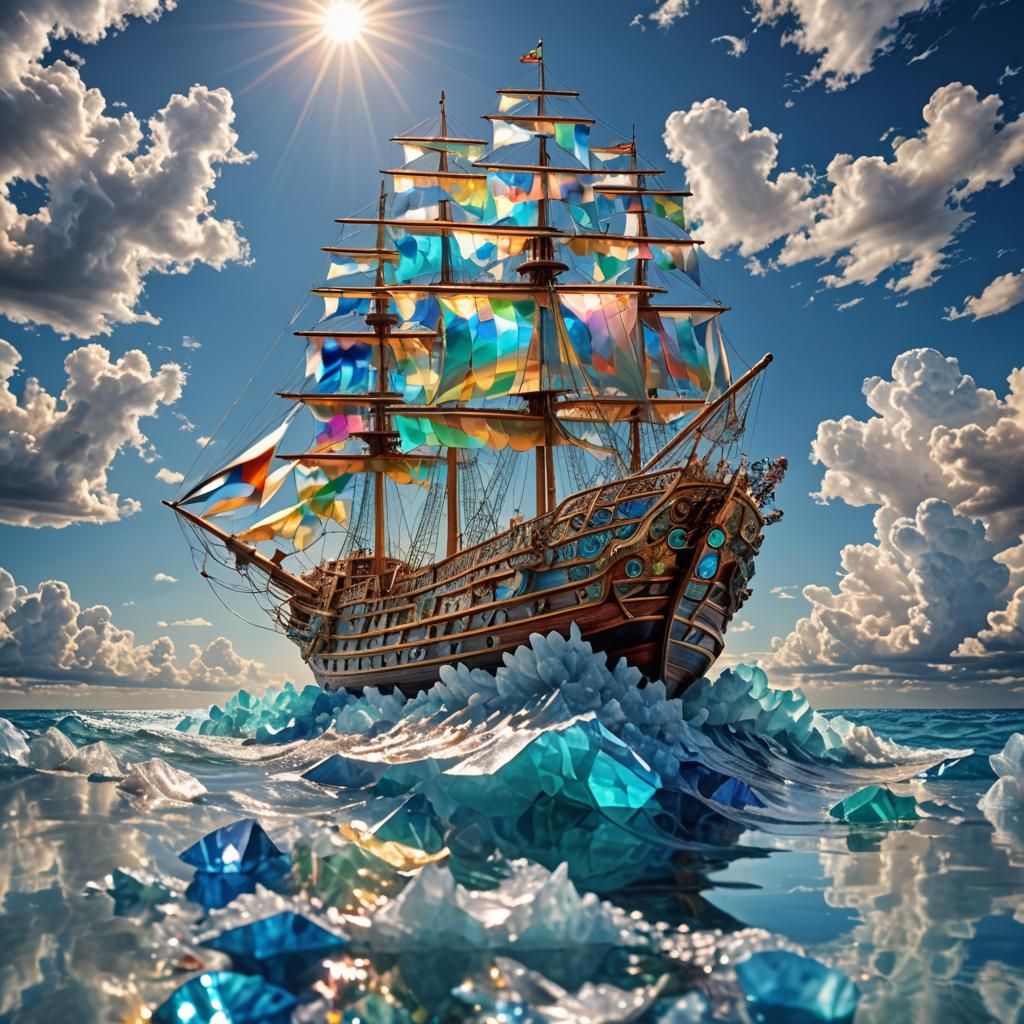 A ship made from multi-colored prismatic mineral crystals on a ...