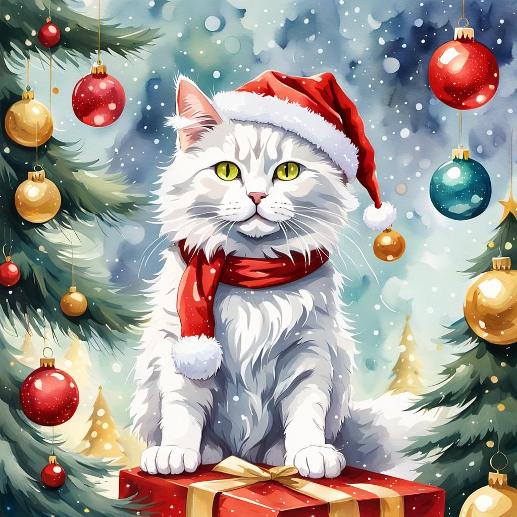 White furry cat with menacing look on the face dressed up as Santa ...