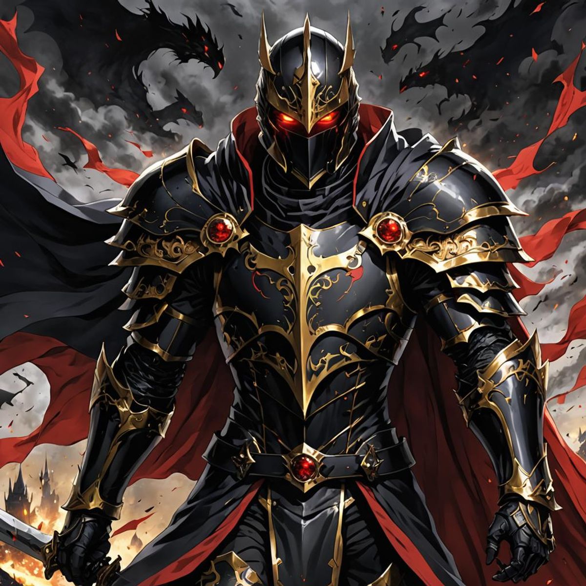 "A black and gold knight with red eyes, black tattered cape and ...
