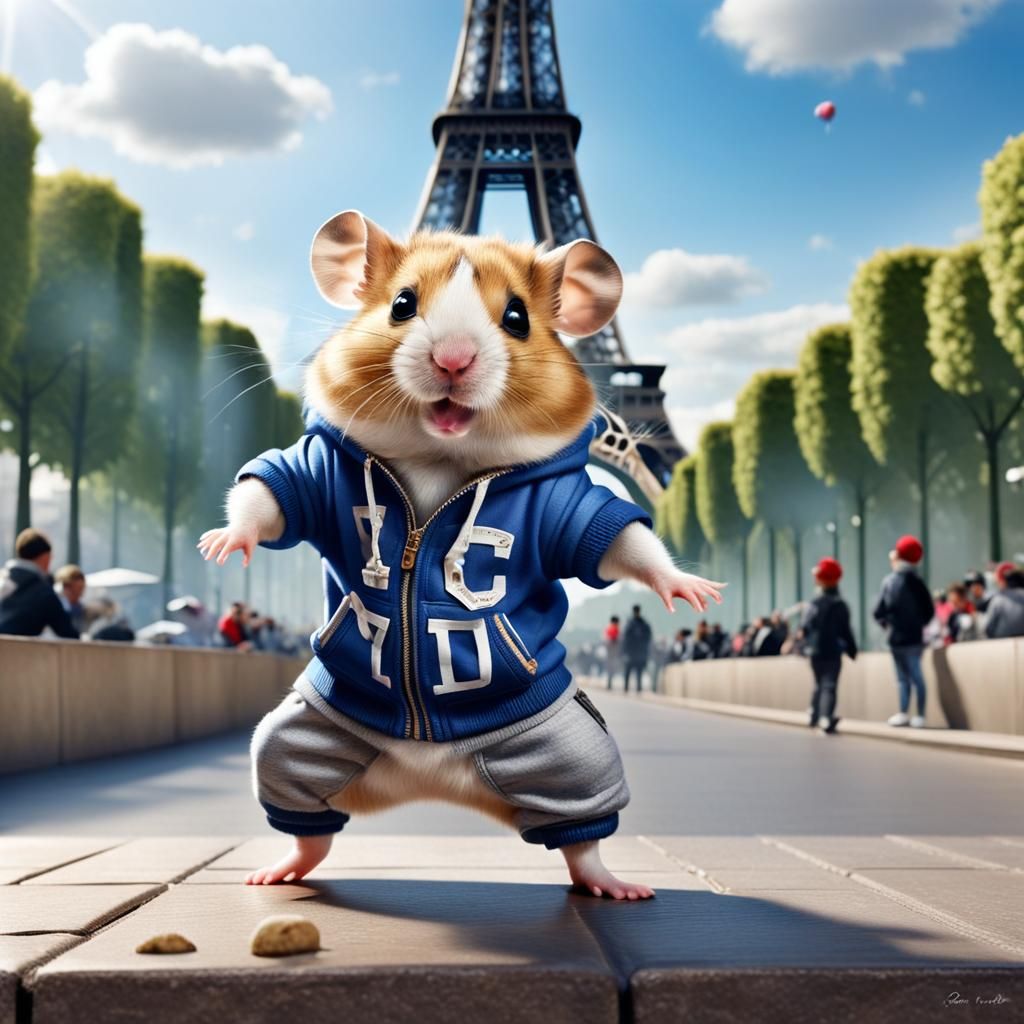 A cute little hamster in a cool outfit breakdances in front of the ...