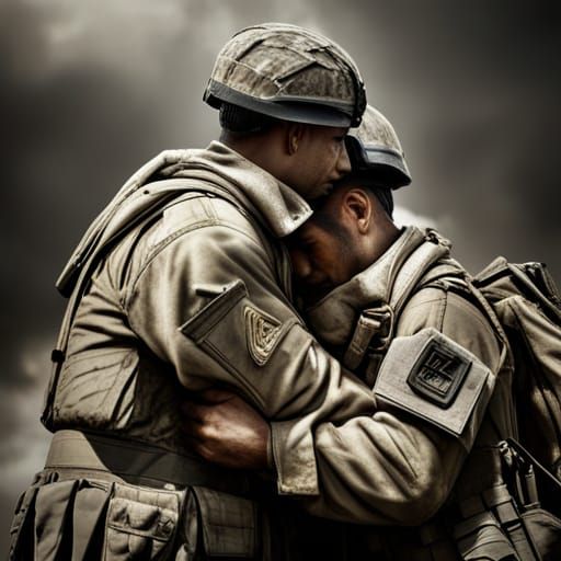Soldiers hugging - AI Generated Artwork - NightCafe Creator