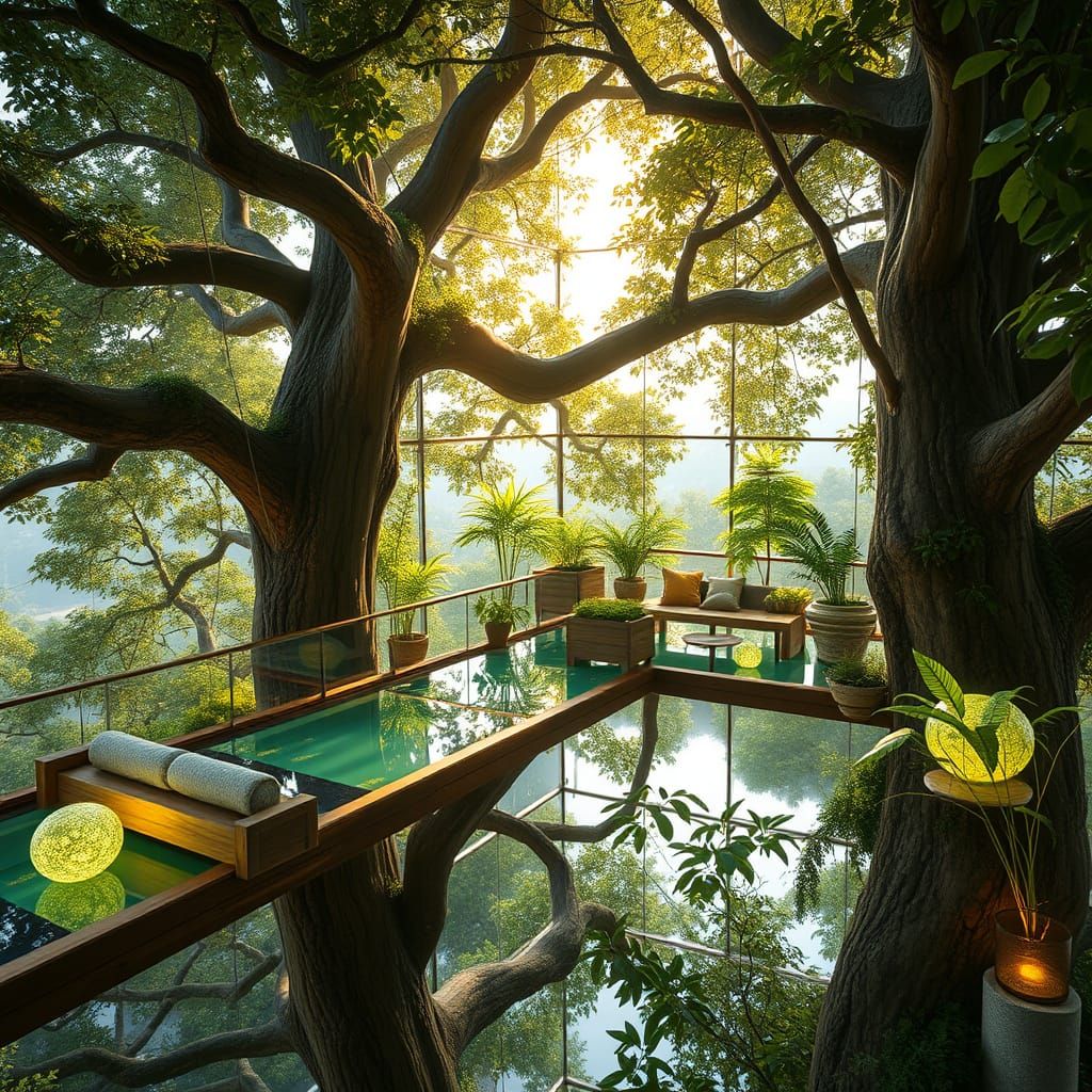 Interior of a solarpunk treehouse sanctuary,