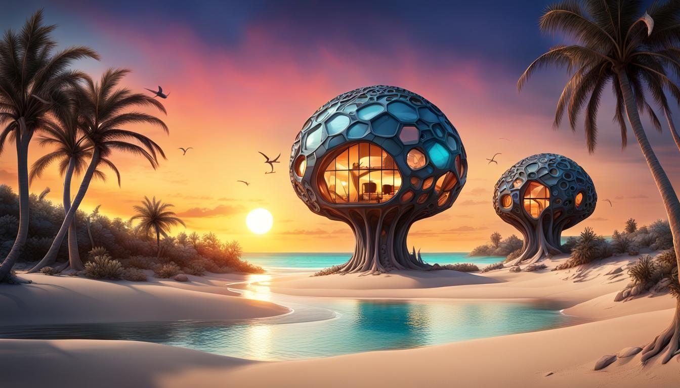 large futuristic house with biomimicry architecture, tinted stained ...