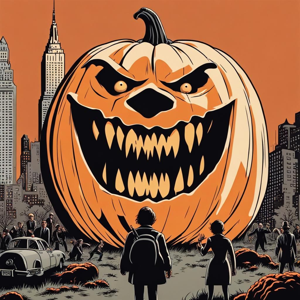 Giant pumpkin with razor sharp teeth eating people in New York City ...