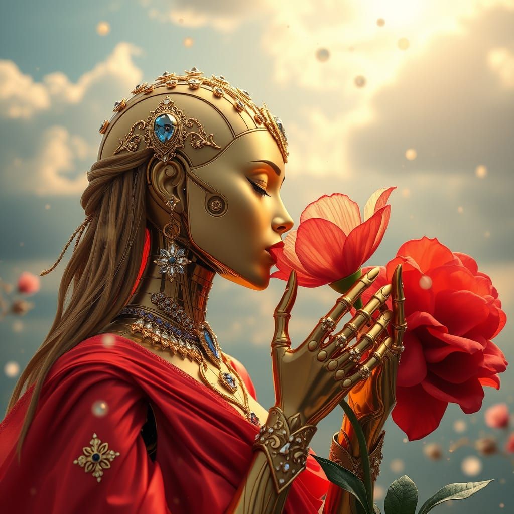 Golden Android Goddess in Red Carmine Dress - AI Art