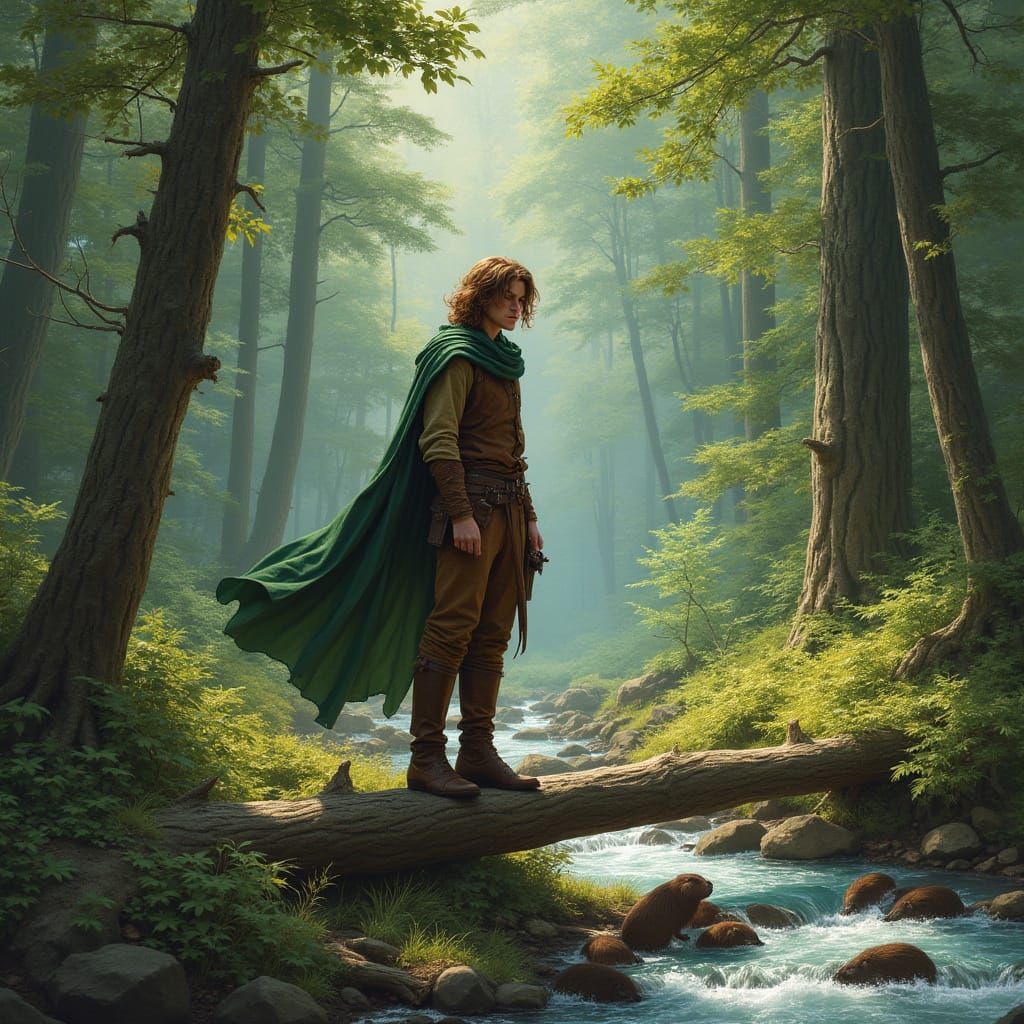 Man in Forest with Beavers and Brook - AI Art