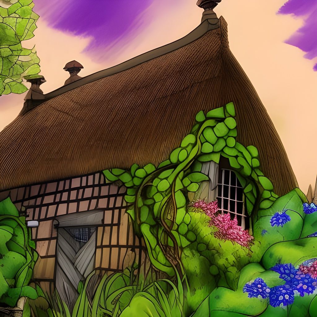 Cottagecore, thatch roof house covered in vines and morning glory, ink ...