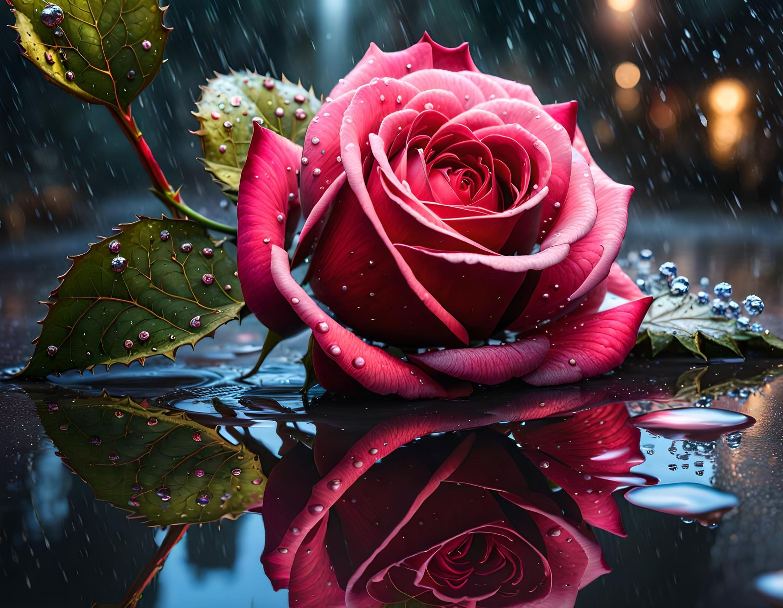 A rose reflecting in a puddle, rain sparkles - AI Generated Artwork ...