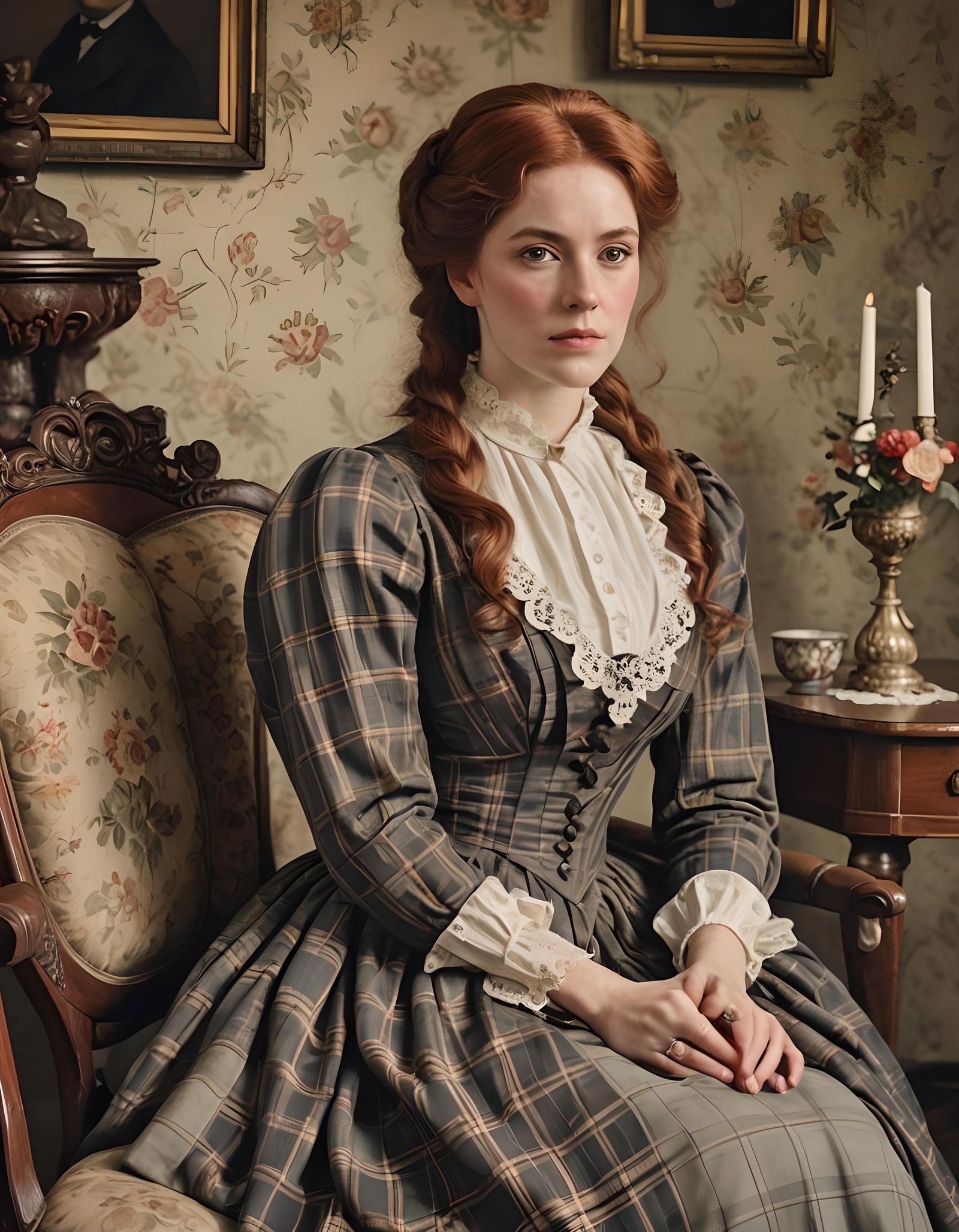 A beautiful young Victorian woman with auburn hair in a plaid dress ...