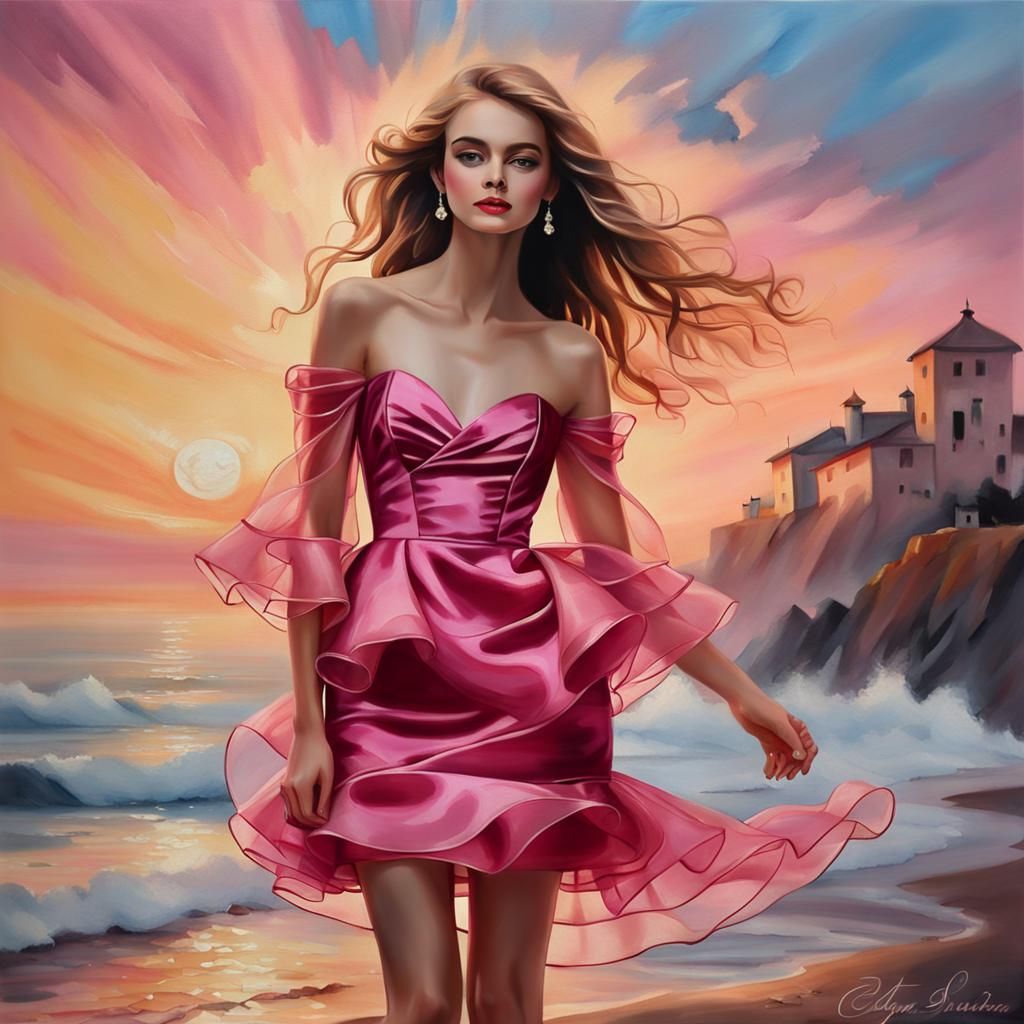 Deep Pink Mini Evening Dress Cartoon. Redone. - AI Generated Artwork - NightCafe Creator