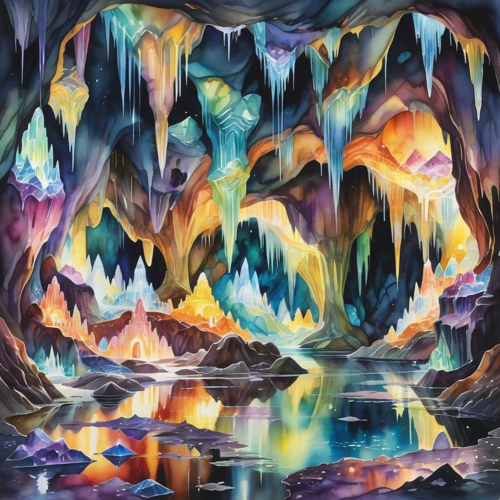 Luminous Cave Labyrinth in Vibrant Watercolor - AI Art