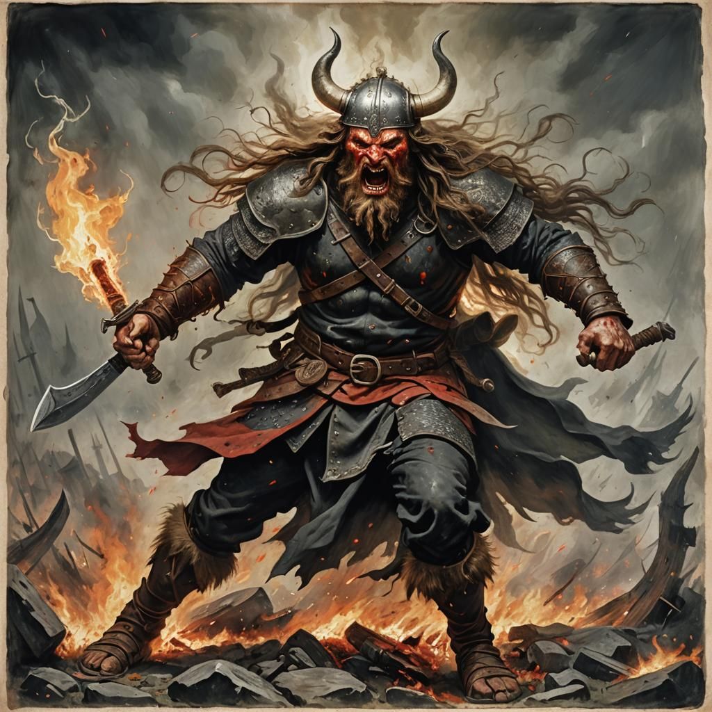 Viking warrior demon in battle in early 17th century with fire in his ...