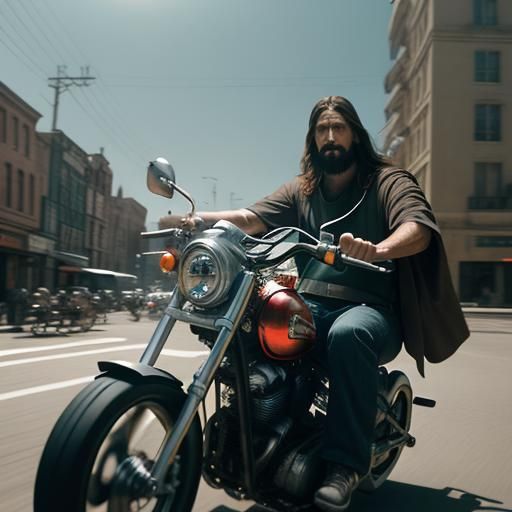 jesus and his 12 disciples riding in to town on chopper motorcycles ...