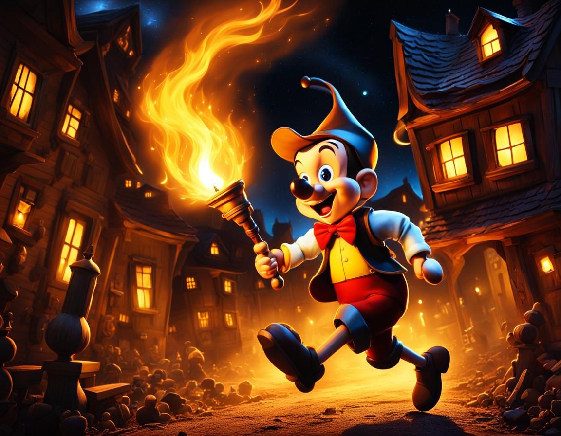 Pinocchio the wooden doll running with a burning torch, setting the ...