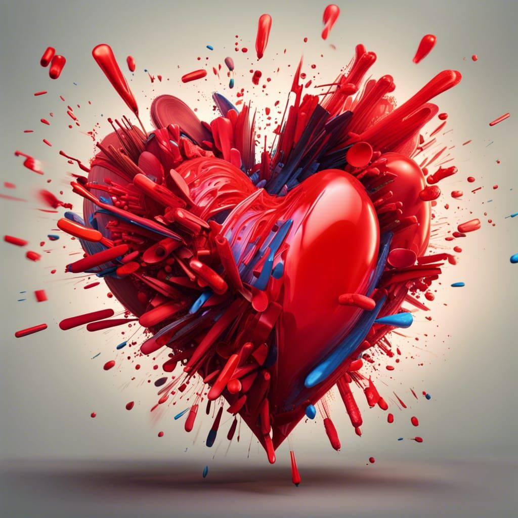 Red heart exploding, 3D gestural calligraphic expressive alive artistic ...