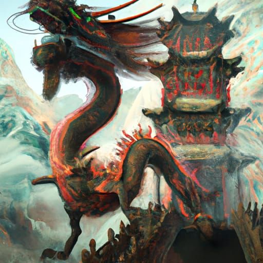 mythic dragon guarding massive Chinese temple atop a steep misty ...