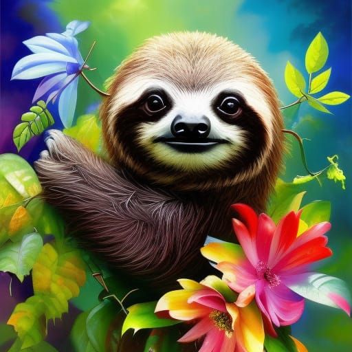 supercute Baby sloth , forest with vines and colorful flowers, Edwin ...