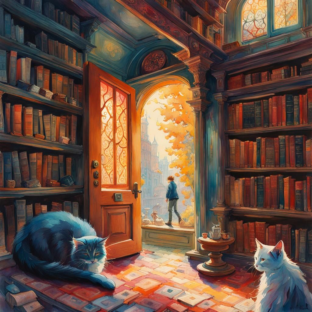 Cats guarding the library - AI Generated Artwork - NightCafe Creator