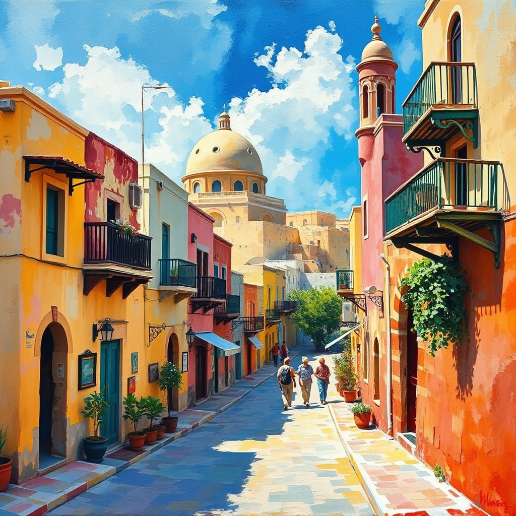 BENGHAZI, LIBYA - Benghazi Historic Centre in Vibrant Gouach...