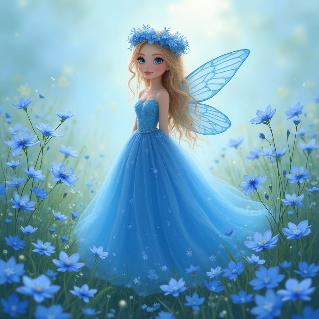 Blue Princess in Flower Field: A Digital Art Fanta... - AI Art