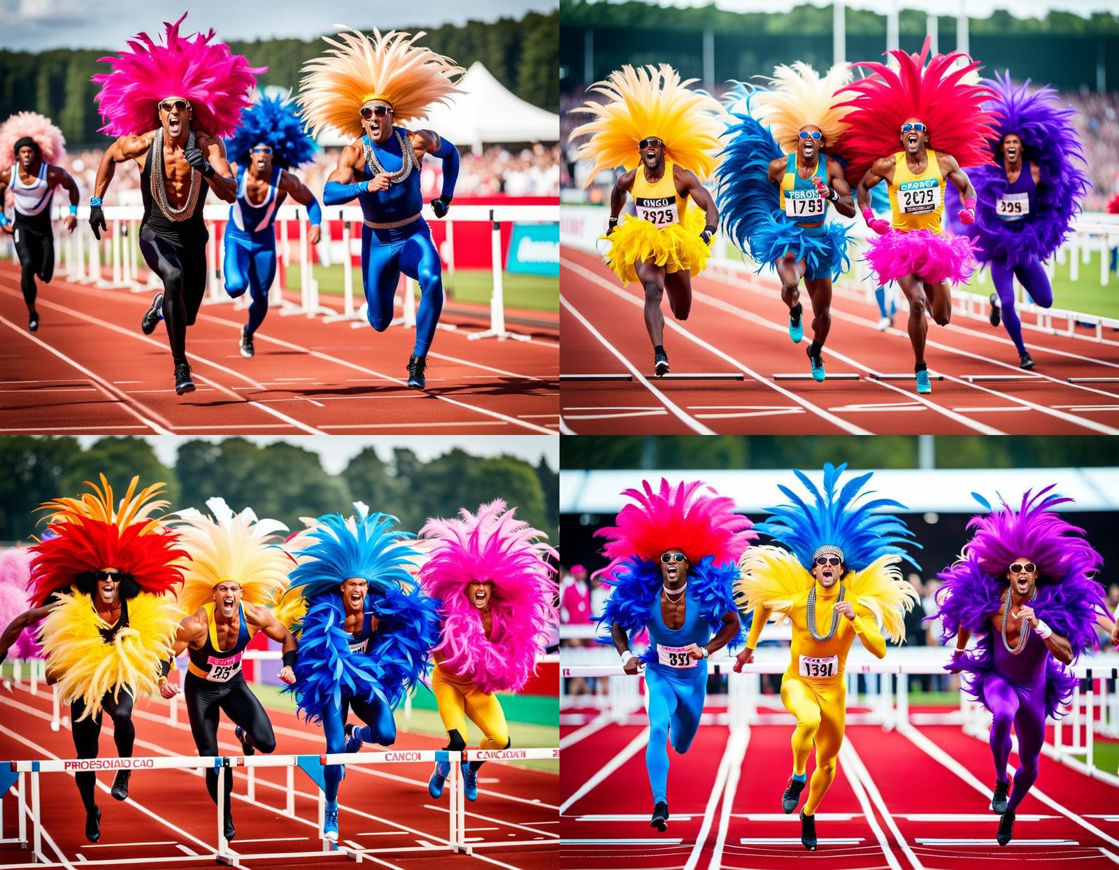 Men wearing drag clothes with outlandish colours, feather boas and huge ...