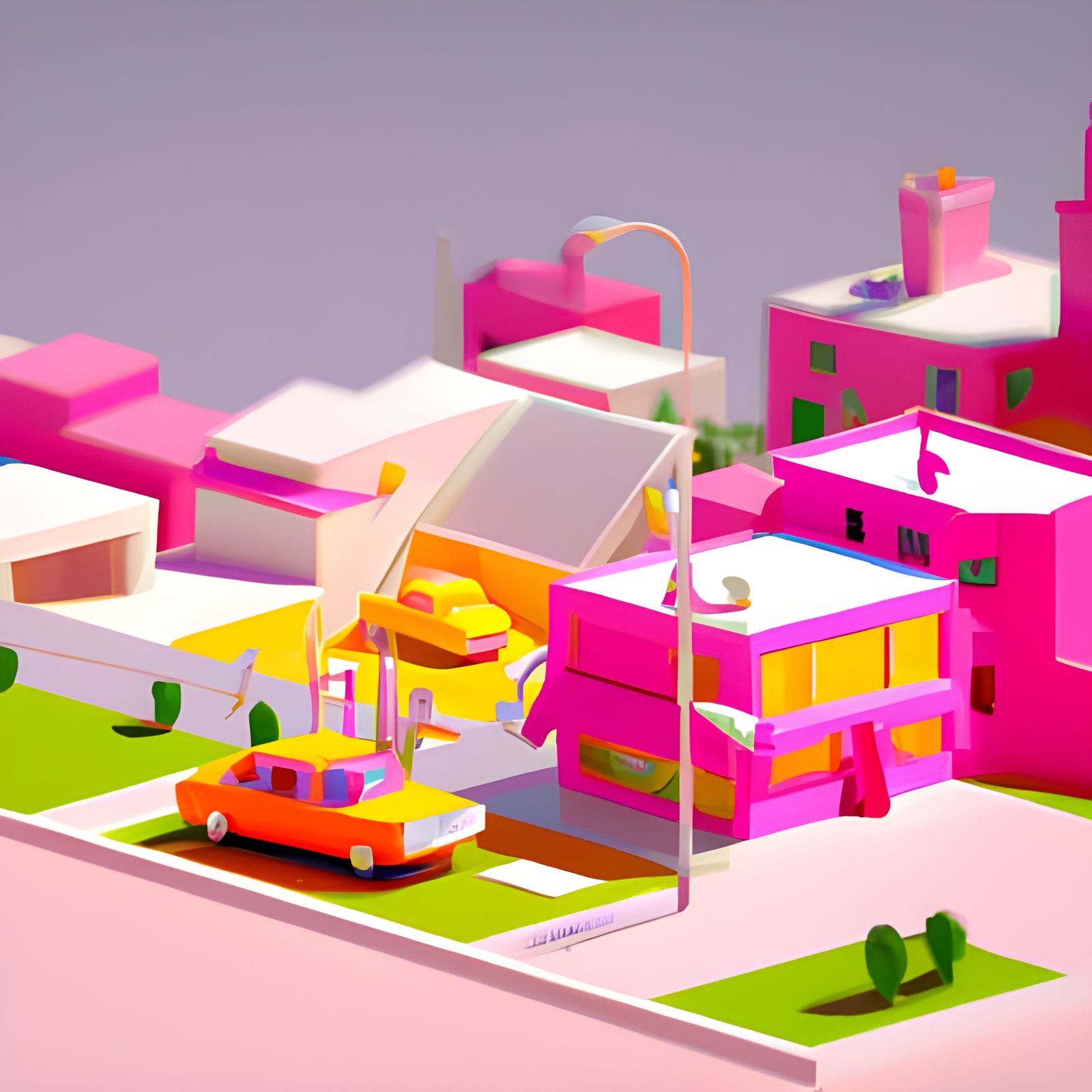 Small lego town on pink limbo, play, toys, in 3D glazed, optic, hyperrealistic, tilt shift, mini ...