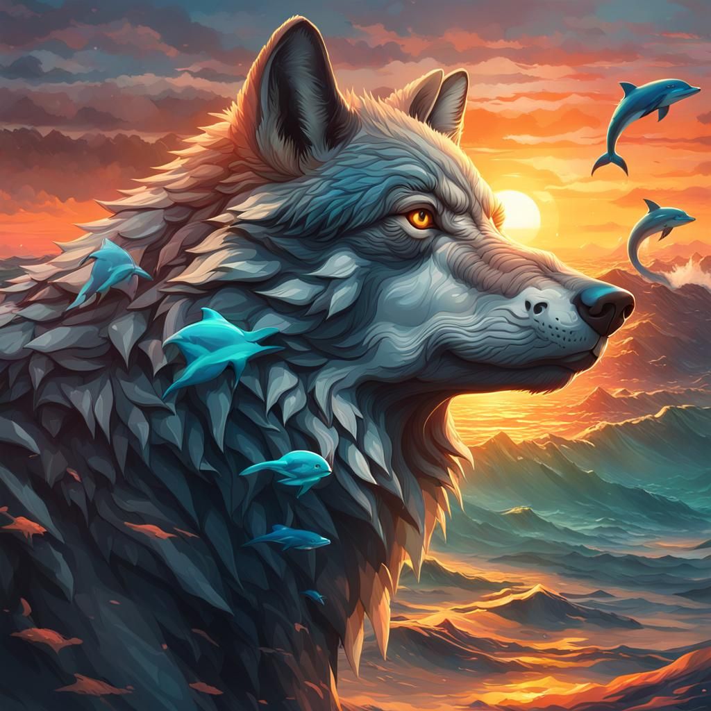 a wolf and a sunset ocean filled of dolphins - AI Generated Artwork ...