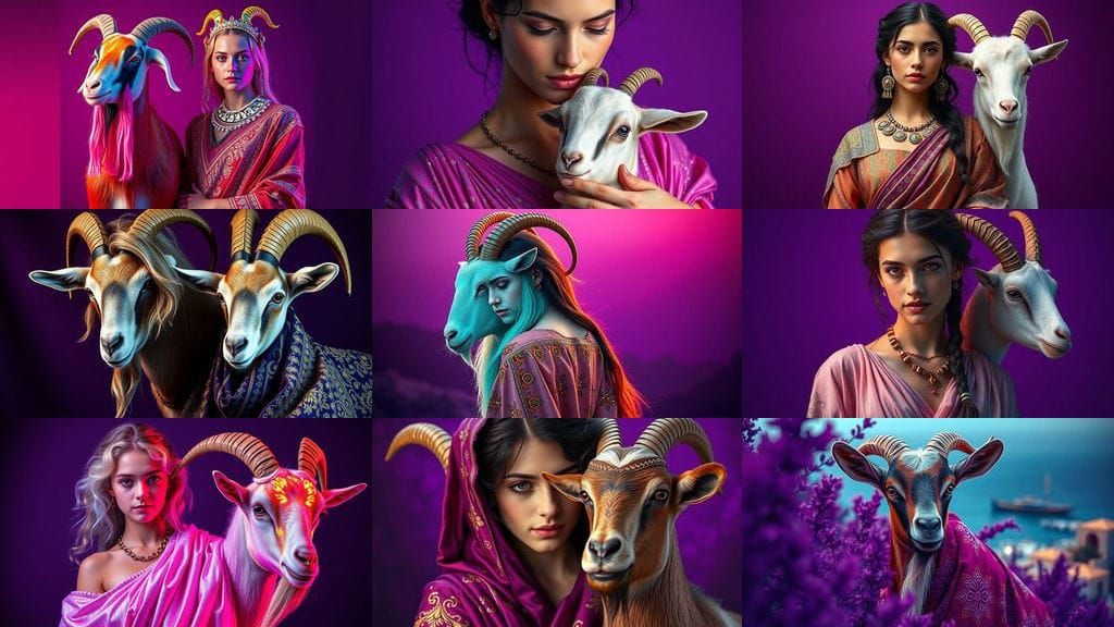 pure colours of a Cretan goat, capra hircus cretica and a young ancient ...