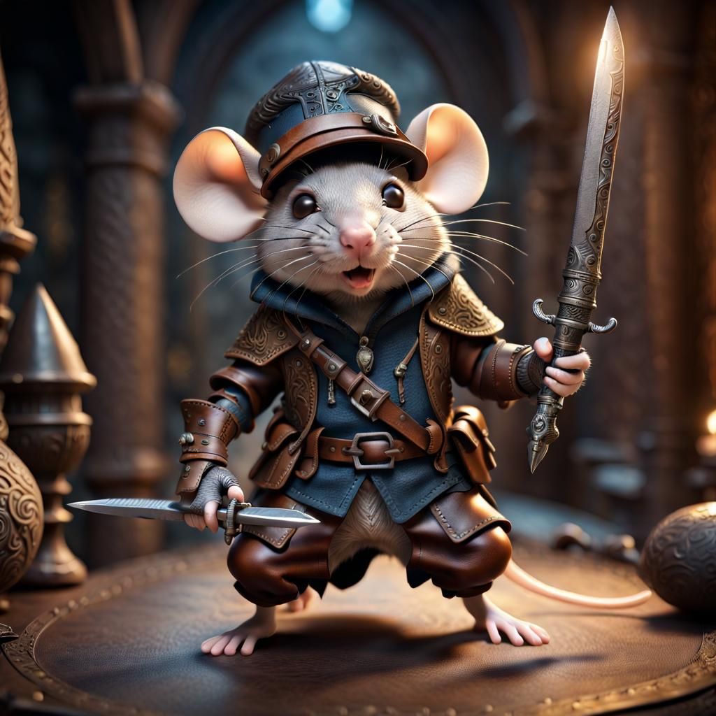 Adventuring mouse with a leather outfit and hat holding a dagger ...