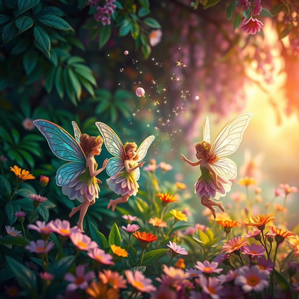 Fairies sprinkling pixie dust in a primrose garden