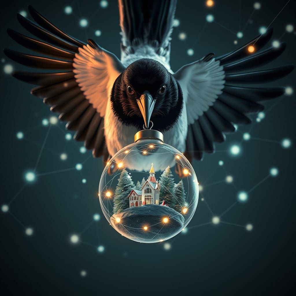 professional photo, magpie (correct anatomy) side view, hanging upside ...