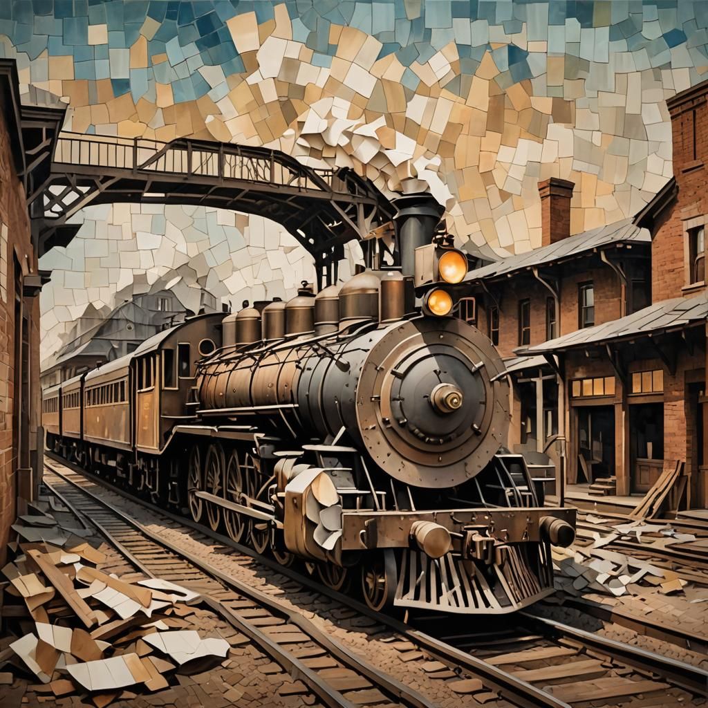 Paper-pieced art of a train and station in the distant past. - AI ...